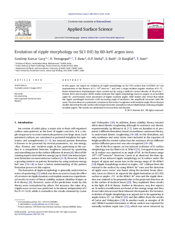 (PDF) Evolution of ripple morphology on Si(100) by 60 keV argon ions