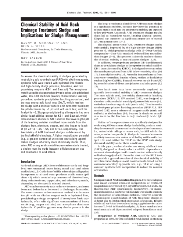 (PDF) Chemical stability of acid rock drainage treatment sludge and ...
