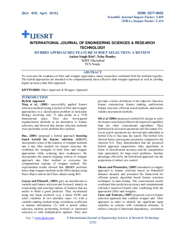 Pdf Hybrid Approaches Feature Subset Selection A Review Ijesrt