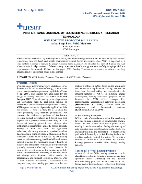 Pdf Wsn Routing Protocols A Review