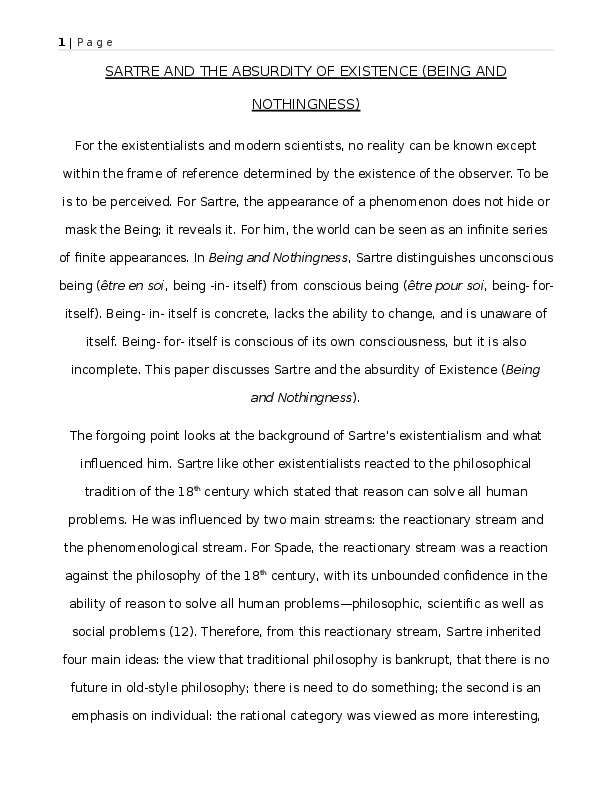 (DOC) SARTRE AND THE ABSURDITY OF EXISTENCE (BEING AND NOTHINGNESS