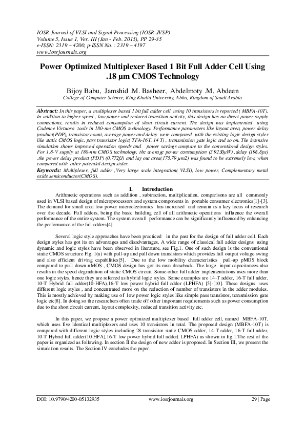 Pdf Power Optimized Multiplexer Based 1 Bit Full Adder Cell Using 18