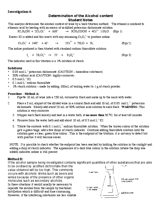 (PDF) Investigation 4: Determination of the Alcohol content Student Notes