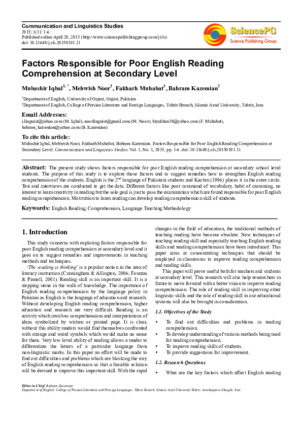 (PDF) Factors Responsible for Poor English Reading Comprehension at ...