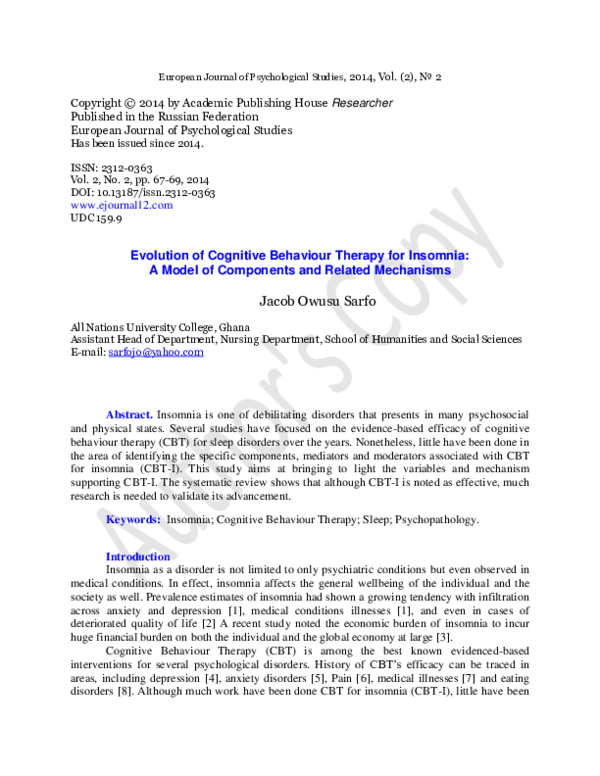 (PDF) Evolution of Cognitive Behaviour Therapy for Insomnia: A Model of ...