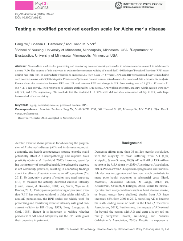 (PDF) Testing a modified perceived exertion scale for Alzheimer's disease