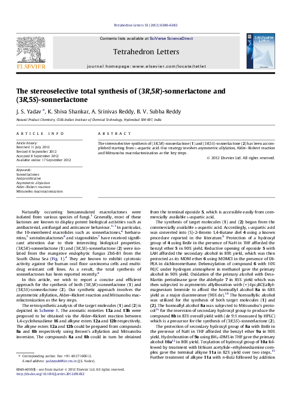 (PDF) The stereoselective total synthesis of (3R,5R)-sonnerlactone and ...
