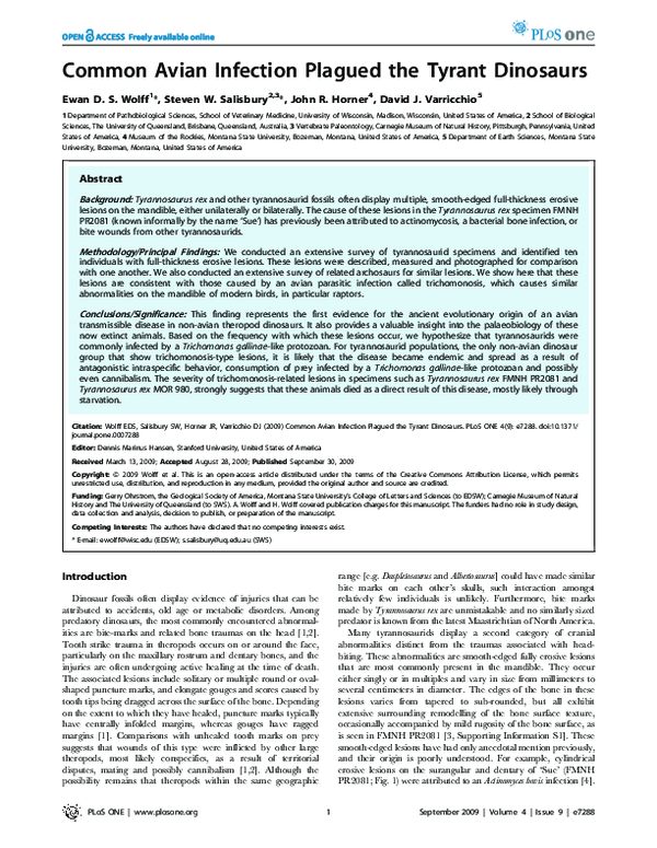 (PDF) Common avian infection plagued the tyrant dinosaurs