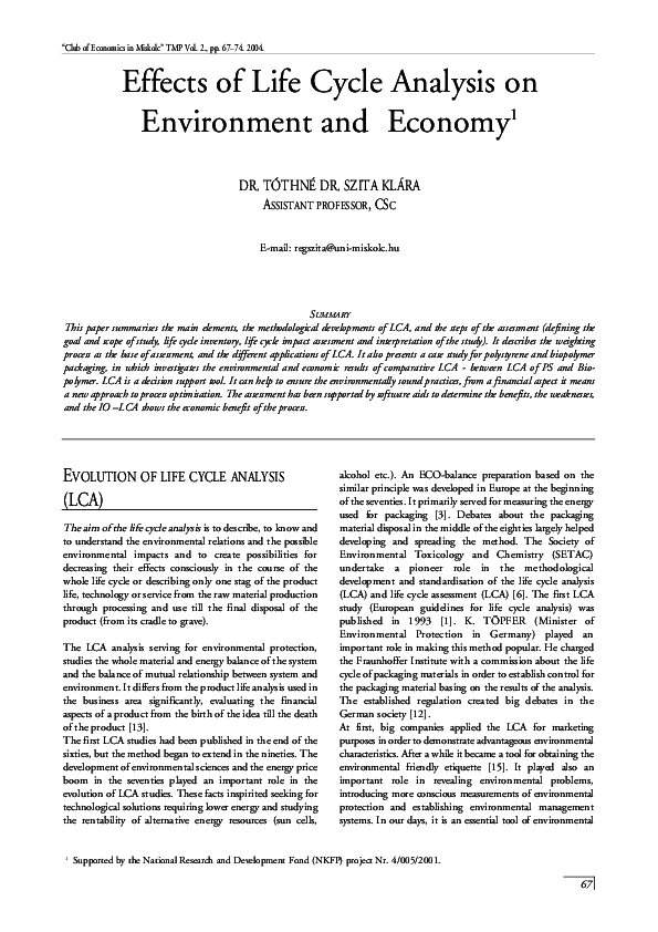 (PDF) Effects of Life Cycle Analysis on Environment and Economy