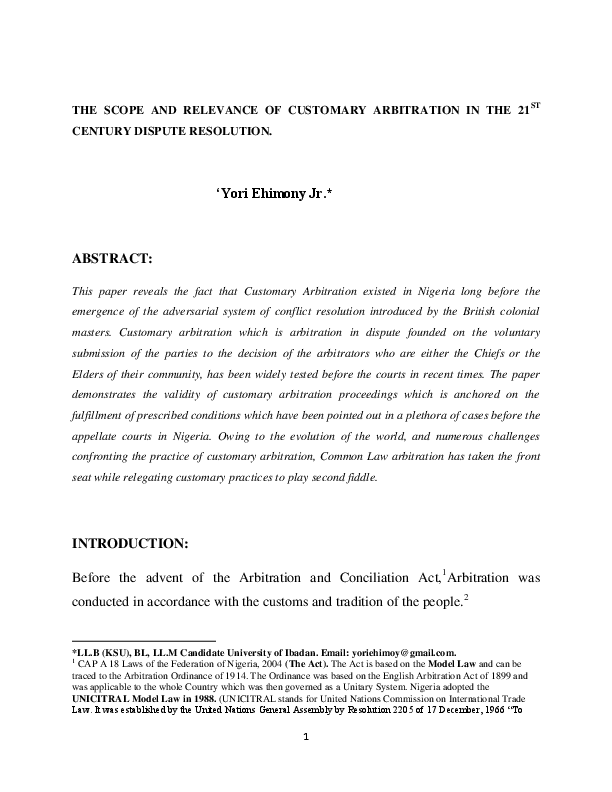 THE SCOPE AND RELEVANCE OF CUSTOMARY ARBITRATION IN THE 21ST CENTURY ...