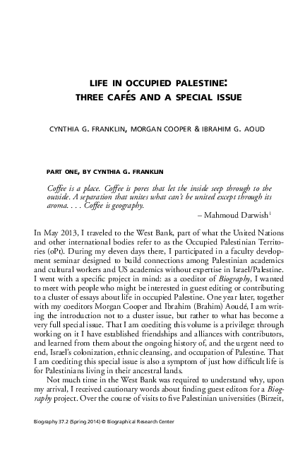 (PDF) Introduction to the BIOGRAPHY issue, "Life in Occupied Palestine"