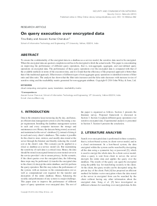 Pdf On Query Execution Over Encrypted Data 5558