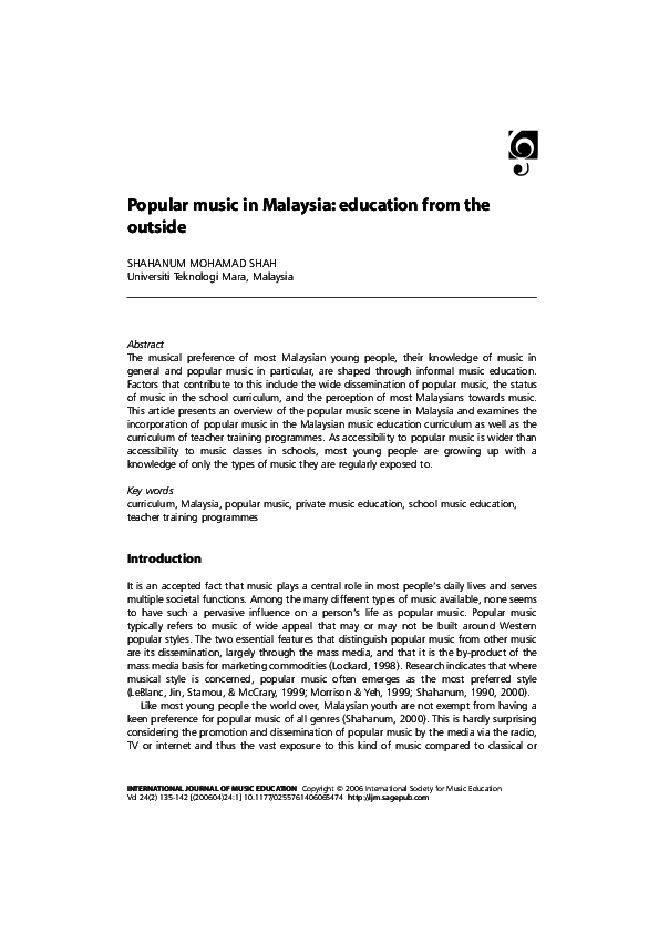 (PDF) Popular music in Malaysia: Education from the outside