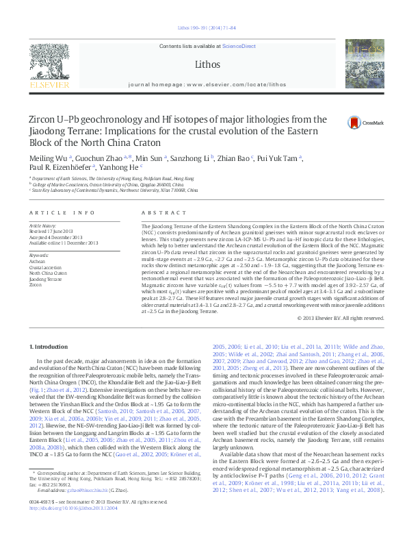 (PDF) Zircon U–Pb geochronology and Hf isotopes of major lithologies from the Jiaodong Terrane ...