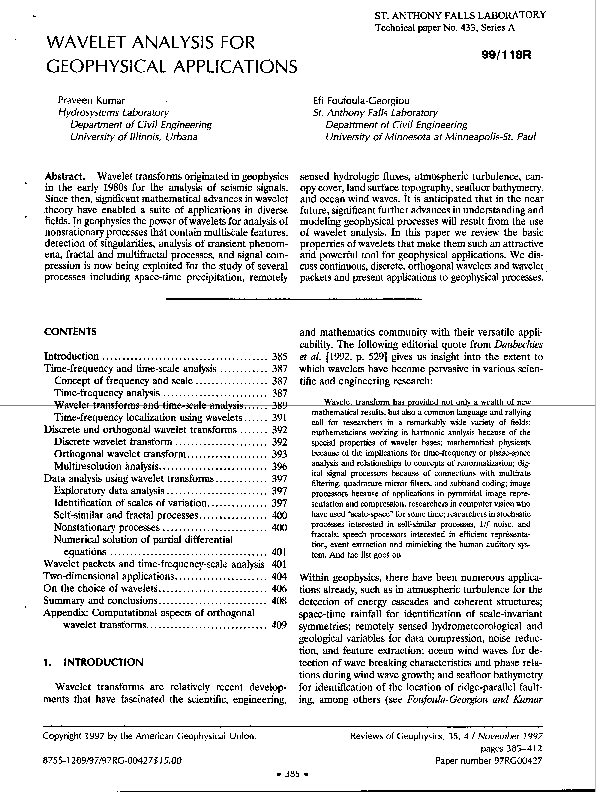 Pdf Wavelet Analysis For Geophysical Applications