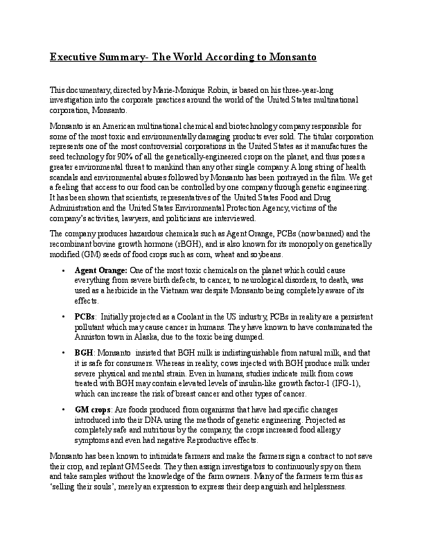 (DOC) Summary of 'The World According To Monsanto'