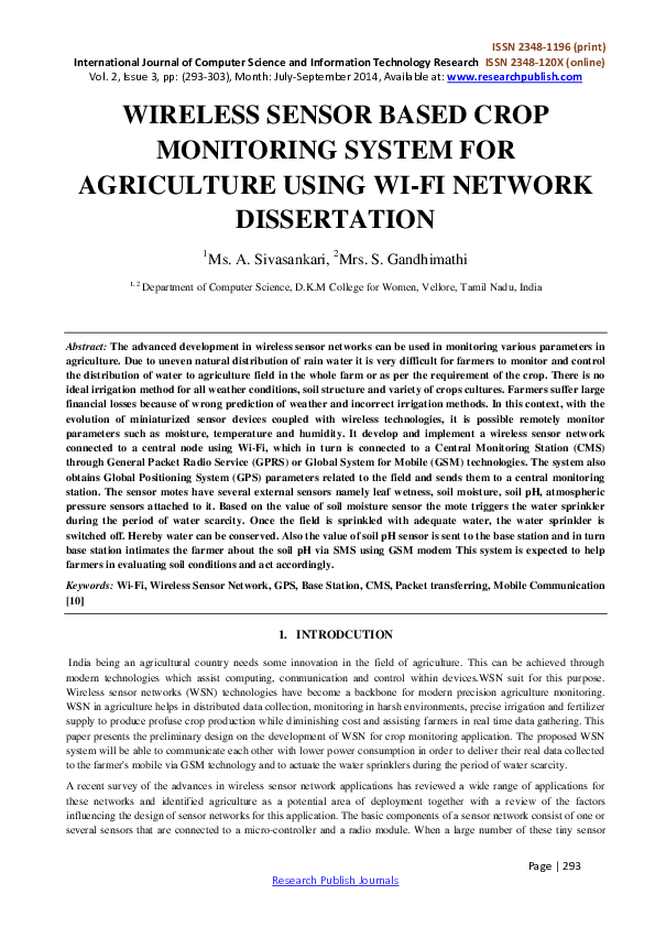 Pdf Wireless Sensor Based Crop Monitoring System For Agriculture Using Wi Fi Network Dissertation