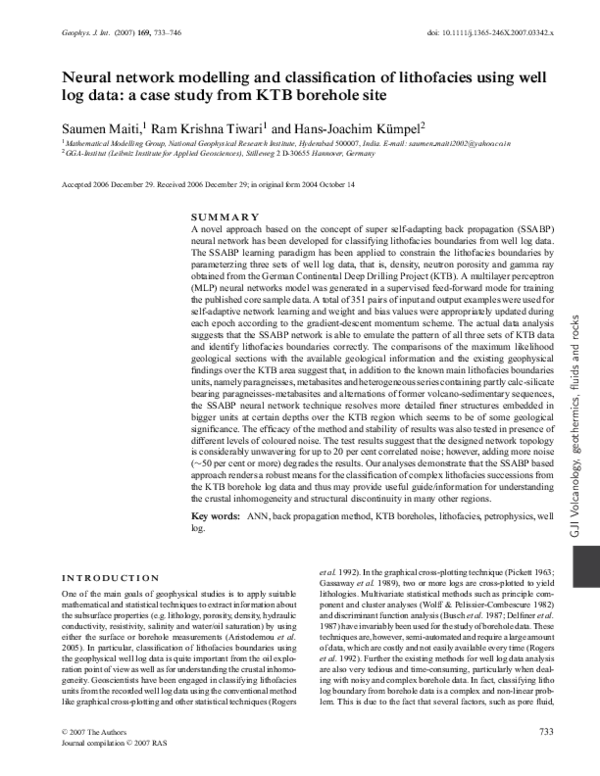 Pdf Neural Network Modelling And Classification Of Lithofacies Using
