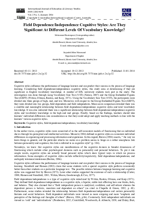 (PDF) Field Dependence/Independence Cognitive Styles: Are They ...