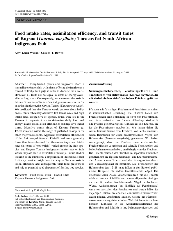 (PDF) Food intake rates, digestive efficiency, and transit times of ...