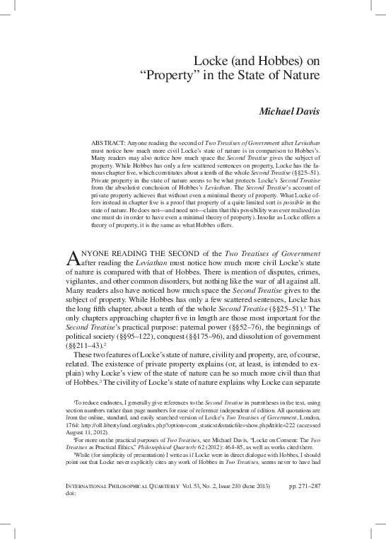 (PDF) Locke (and Hobbes) on “Property” in the State of Nature