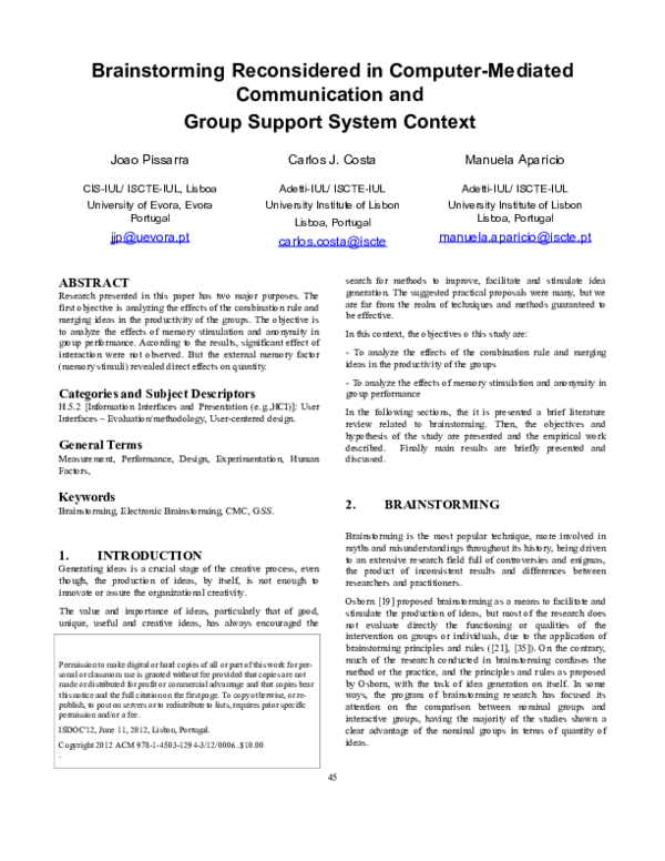 (PDF) Brainstorming Reconsidered in Computer-Mediated Communication and ...