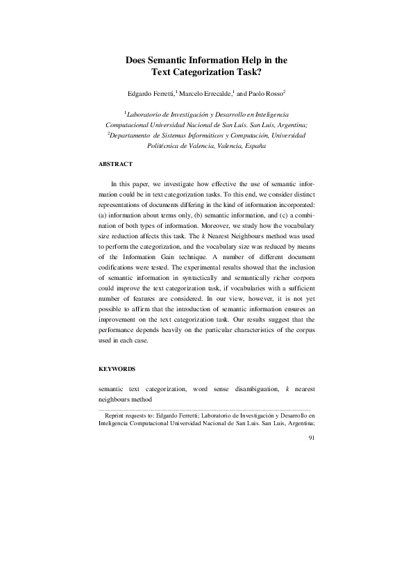 Pdf Does Semantic Information Help In The Text Categorization Task