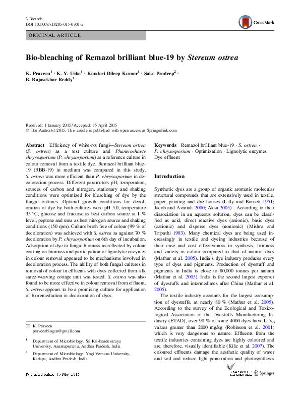 (PDF) Bio-bleaching of Remazol brilliant blue-19 by Stereum ostrea