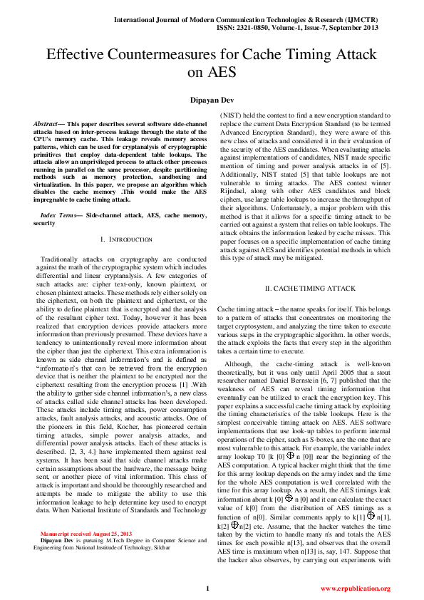 (PDF) Effective Countermeasures for Cache Timing Attack on AES