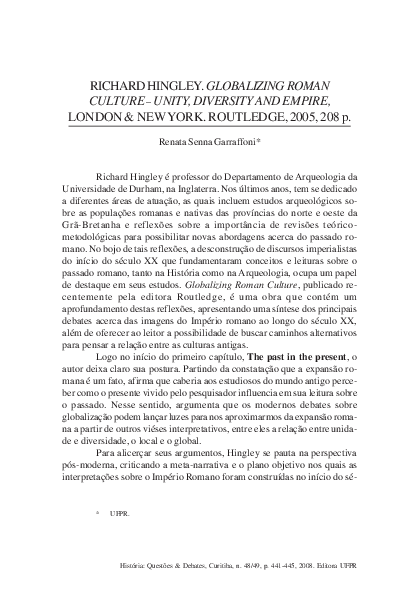 (PDF) RICHARD HINGLEY. GLOBALIZING ROMAN CULTURE – UNITY, DIVERSITY AND ...