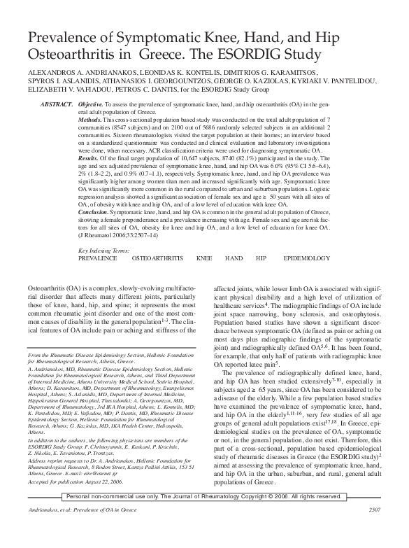 (PDF) Prevalence of Symptomatic Knee, Hand, and Hip Osteoarthritis in ...