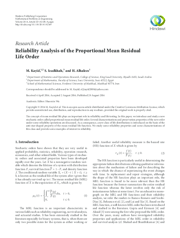 Pdf Reliability Analysis Of The Proportional Mean Residual Life Order
