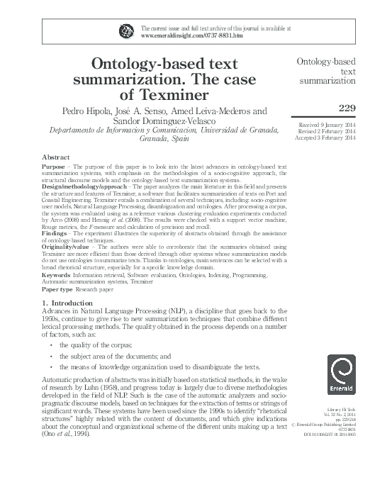 Pdf Ontology Based Text Summarization The Case Of Texminer