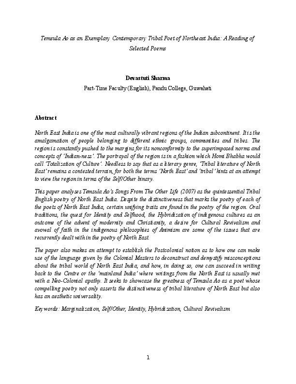 (DOC) Temsula Ao as an Exemplary Contemporary Tribal Poet of Northeast ...