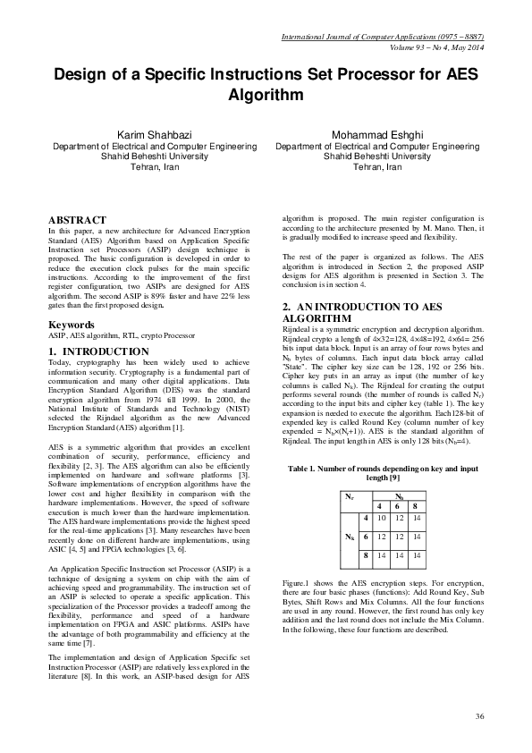 Pdf Design Of A Specific Instructions Set Processor For Aes Algorithm
