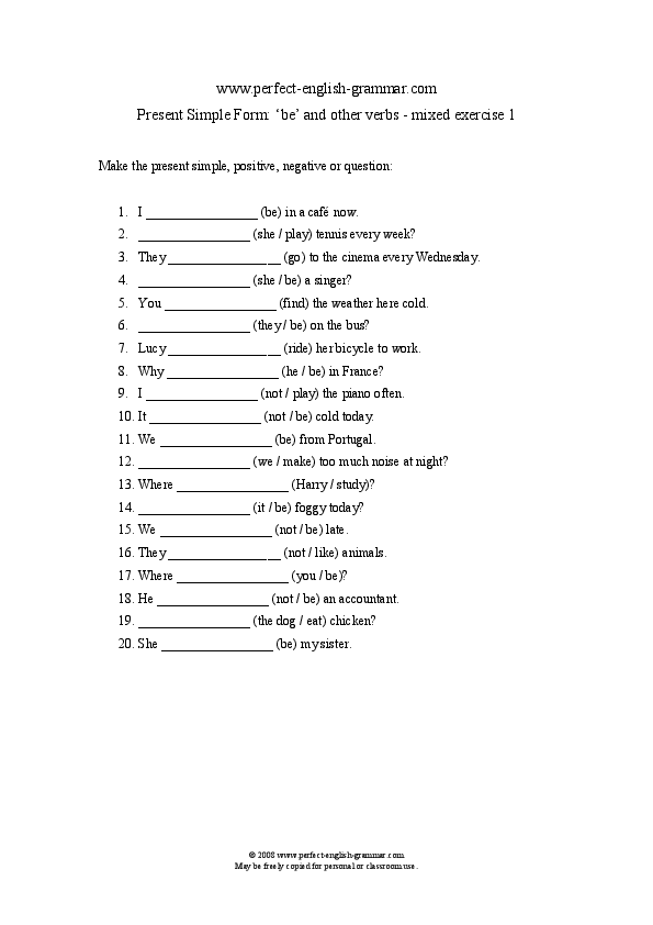 (PDF) Present simple mixed exercise 1 be and other verbs