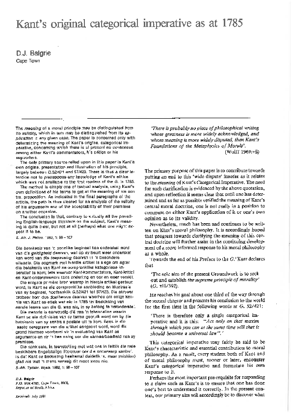 (PDF) Kant's Original Categorical Imperative as at 1785