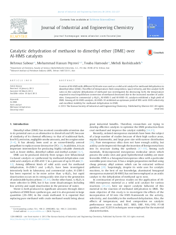(PDF) Catalytic dehydration of methanol to dimethyl ether (DME) over Al ...
