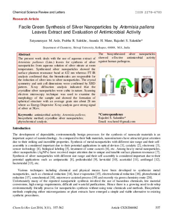 (PDF) Facile green synthesis of silver nanoparticles by Artemisia pallens leaves extract and ...