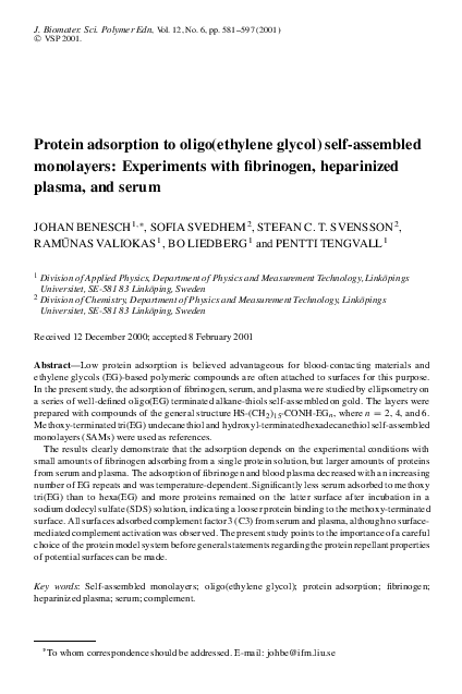 (PDF) Protein adsorption to oligo(ethylene glycol) self-assembled monolayers: Experiments with ...