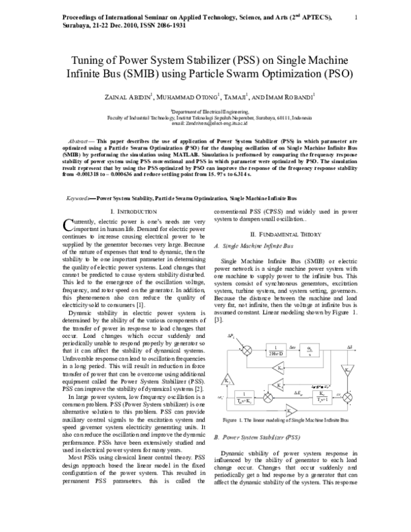 Tuning of Power System Stabilizer (PSS) on Single Machine Infinite Bus (SMIB) using Particle ...