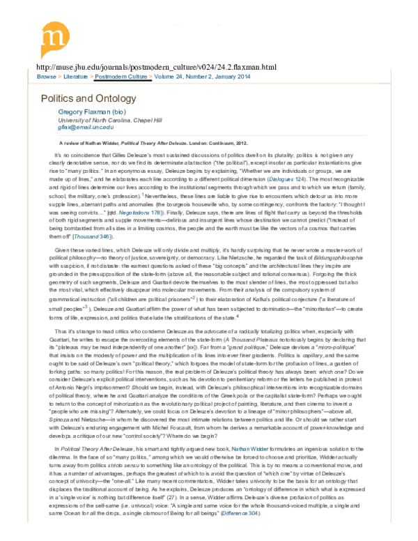 (PDF) "Politics and Ontology" (A review of Nathan Widder's _Political ...