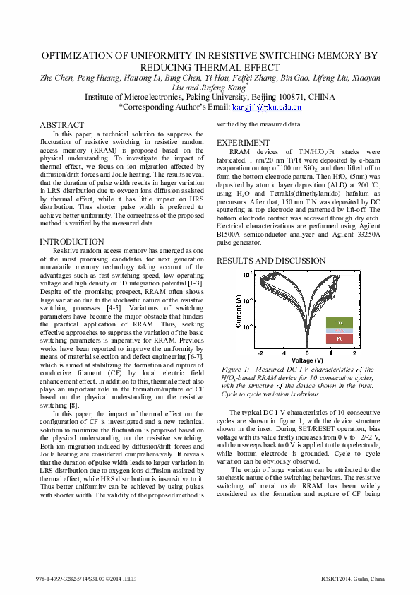 Pdf Optimization Of Uniformity In Resistive Switching Memory By Reducing Thermal Effect