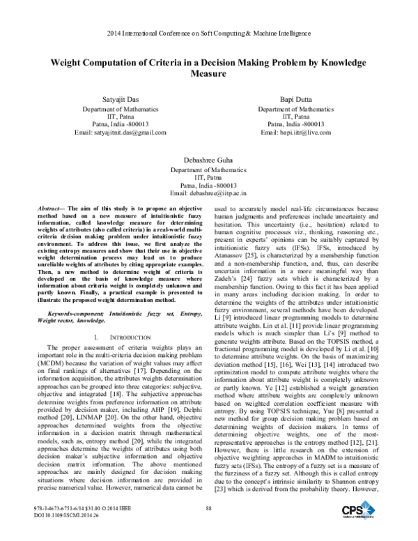 Pdf Weight Computation Of Criteria In A Decision Making Problem By