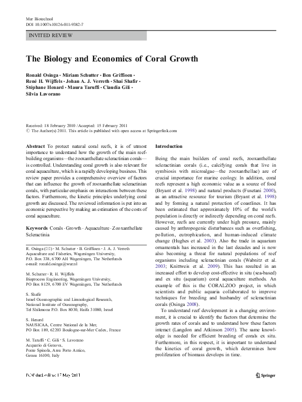Pdf Invited Review The Biology And Economics Of Coral Growth