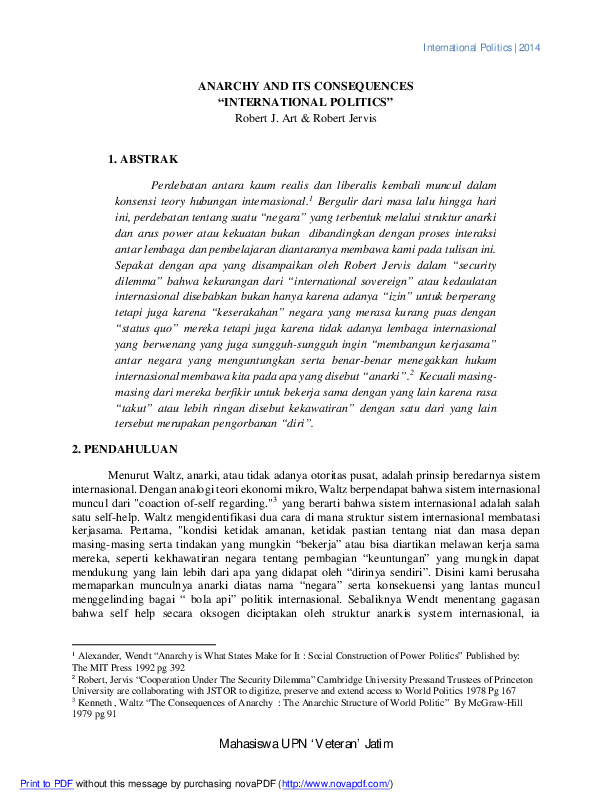 ANARCHY AND ITS CONSEQUENCES “INTERNATIONAL POLITICS” Robert J. Art ...