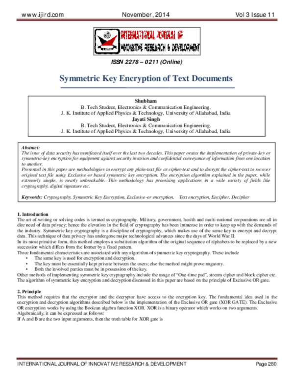 (PDF) Symmetric Key Encryption of Text Documents