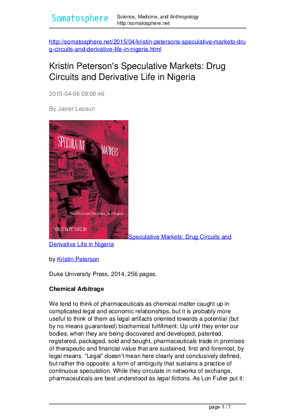 (PDF) Somatosphere Review of Speculative Markets by Javier Lezaun