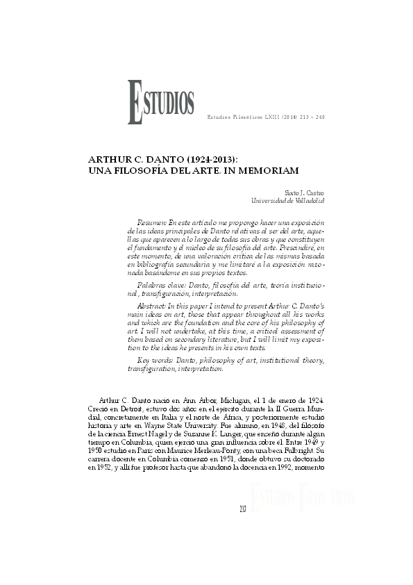 (PDF) Arthur C. Danto (1924-2013). Una filosofía del arte. In memoriam