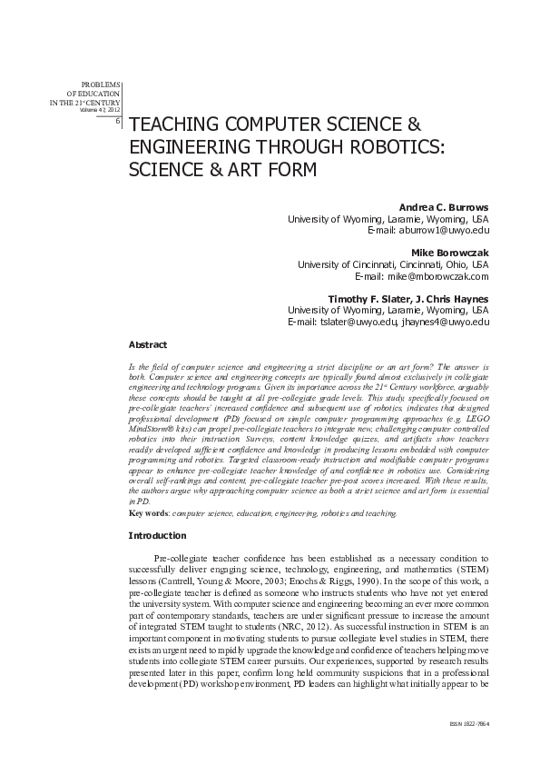 (PDF) Teaching Computer Science & Engineering Through Robotics: Science ...